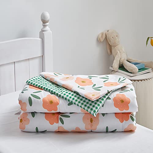 4 Pieces White Girls Toddler Bedding Set Orange Floral Style - Includes Adorable Quilted Flower Comforter, Green Plaid Fitted Sheet, Top Sheet, and Pillow Case for Girls Bed