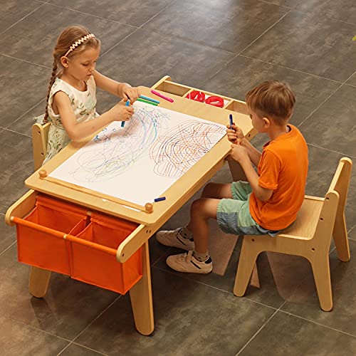 MEEDEN Kids Table and Chair Set, Kids Art Table with 2 Stools, Storage Bag & Paper Roll, Kids Desk & Chair Set, Craft Table and Chairs for Toddlers, Toddler Wooden Table,[50''L×23.6''W×22.5''H]