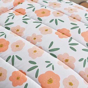 4 Pieces White Girls Toddler Bedding Set Orange Floral Style - Includes Adorable Quilted Flower Comforter, Green Plaid Fitted Sheet, Top Sheet, and Pillow Case for Girls Bed