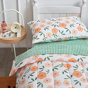 4 Pieces White Girls Toddler Bedding Set Orange Floral Style - Includes Adorable Quilted Flower Comforter, Green Plaid Fitted Sheet, Top Sheet, and Pillow Case for Girls Bed