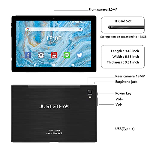 Justethan Android Tablet, Upgraded Google Certificated 10 inch Tablet with Octa-Core, 32GB Storage can be expanded to 128GB, 13MP+5MP Dual Camera, 1280x800 IPS HD Display, Latest Model 2023, Black