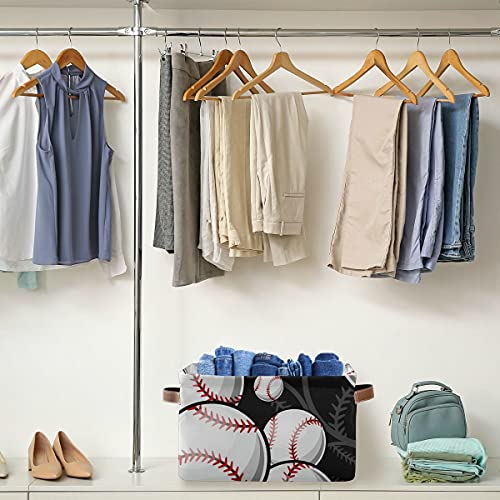 Canvas Storage Basket Baseball Sport Pattern Storage Bins Collapsible Organizer with Handles for Cupboards Shelves Nursery Wardrobe Clothes Toys Laundry Children Room