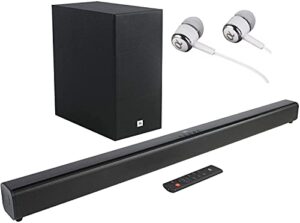 jbl cinema sb160 2.1 channel 220 watt wireless bluetooth music streaming hdmi arc soundbar with wireless subwoofer bundled with earbuds