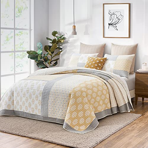 Y-PLWOMEN King Size Quilt, 100% Cotton Lightweight Soft King Quilt, Patchwork Reversible Bedspread Sets, Yellow Grey White Floral Quilt Bedding Set for All Season, 3-Pieces