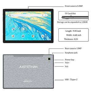 Justethan Android Tablet, Octa-Core Upgrade Google Certificated 5G Wi-Fi 10 inch Tablets, with 2GB RAM, 32GB Storage (128GB Expansion), 13.0MP Camera and Bluetooth 5.0, Latest Model 2023, Gray