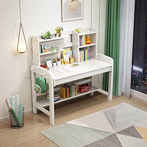 BALANBO Kids Desk with Drawer and Bookshelf Wooden Children’s Media Desk Student's Study Computer Workstation and Writing Table (White)