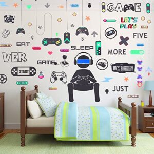 56 pieces gamer wall decals gamer wall sticker gaming controller joystick wall decals removable video games wall stickers game boy wall art for bedroom playroom decoration (black white)