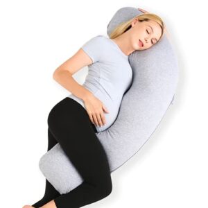 momcozy pregnancy pillows for side sleeping, j shaped maternity body pillow for pregnancy, soft pregnancy pillow with jersey cover for head neck belly support, grey