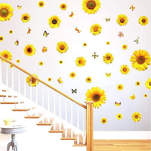 56Pcs Sunflower Butterfly Sticker Sunflower Stickers for Walls Car Sunflower Decorations for Room Yellow Flowers Wall Decor Wall Decor Living Room Stickers for Window