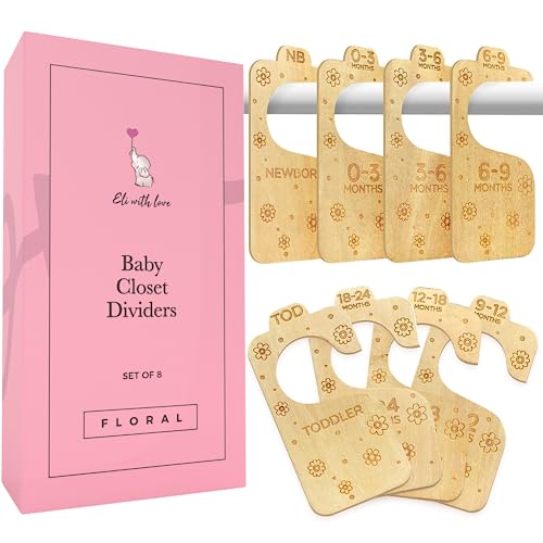 Baby Closet Dividers (Floral) by Eli with Love - 8 Premium Wood Double Sided Baby Closet Size Dividers - Ideal Baby Clothes Dividers for Closet – Organize Nursery Closet Hangers by Size/Age