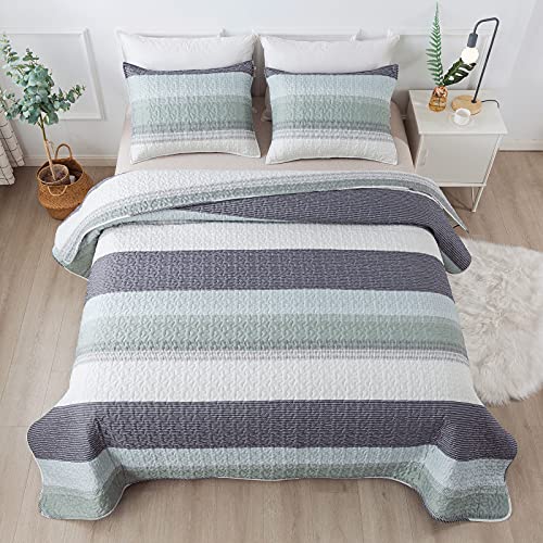 Andency Stripe Quilt Set King(106x96Inch), 3 Pieces (1 Striped Quilt and 2 Pillowcases) Mint Green Patchwork Bedspread Coverlet, Soft Lightweight Microfiber Quilted Bedding Set