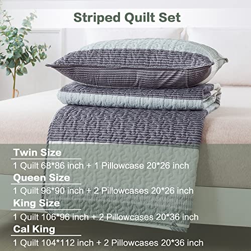 Andency Stripe Quilt Set King(106x96Inch), 3 Pieces (1 Striped Quilt and 2 Pillowcases) Mint Green Patchwork Bedspread Coverlet, Soft Lightweight Microfiber Quilted Bedding Set