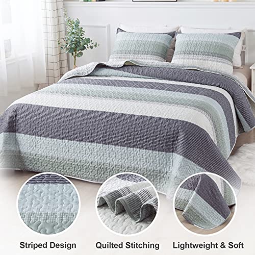 Andency Stripe Quilt Set King(106x96Inch), 3 Pieces (1 Striped Quilt and 2 Pillowcases) Mint Green Patchwork Bedspread Coverlet, Soft Lightweight Microfiber Quilted Bedding Set