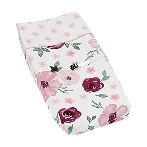 Sweet Jojo Designs Burgundy Watercolor Floral Girl Baby Nursery Changing Pad Cover - Blush Pink, Maroon, Wine, Rose, Green and White Shabby Chic Flower Farmhouse