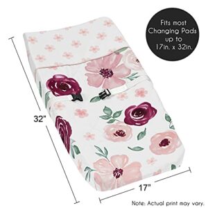 Sweet Jojo Designs Burgundy Watercolor Floral Girl Baby Nursery Changing Pad Cover - Blush Pink, Maroon, Wine, Rose, Green and White Shabby Chic Flower Farmhouse