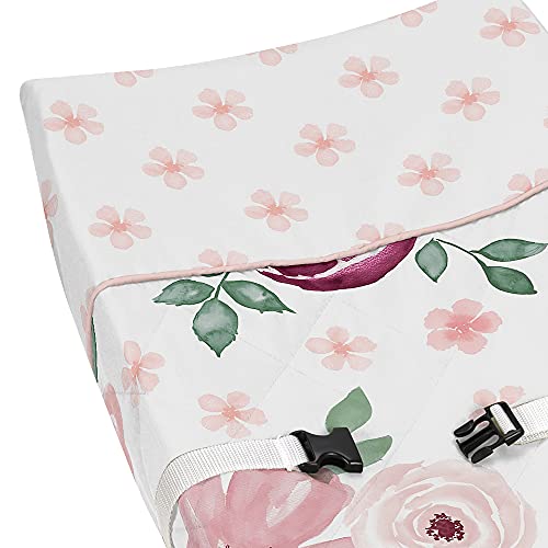 Sweet Jojo Designs Burgundy Watercolor Floral Girl Baby Nursery Changing Pad Cover - Blush Pink, Maroon, Wine, Rose, Green and White Shabby Chic Flower Farmhouse