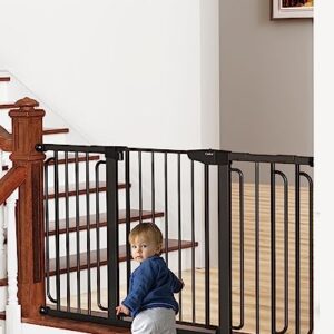 Mom's Choice Awards Winner-Cumbor 29.7-57" Baby Gate for Stairs, Extra Wide Dog Gate for Doorways, Pressure Mounted Walk Through Safety Child Gate for Kids Toddler, Tall Pet Puppy Fence Gate, Black