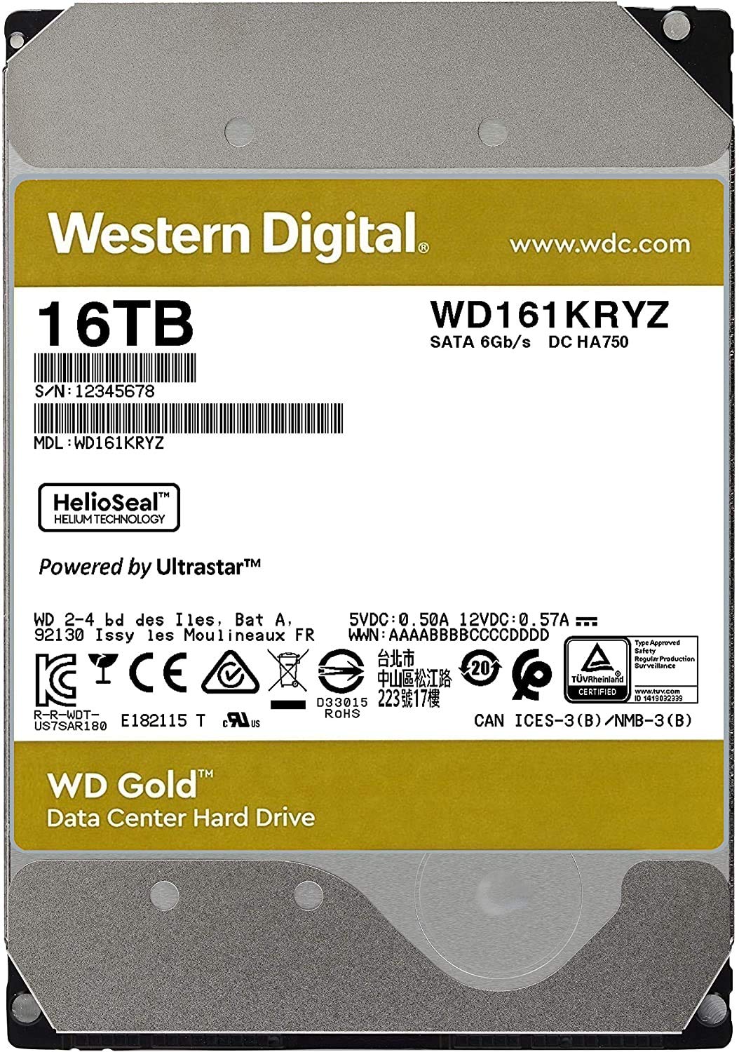 Western Digital - WD Gold 16TB Enterprise Class Hard Disk Drive – 7200 RPM Class SATA 6Gb/s 512MB Cache 3.5 Inch HDD - WD161KRYZ