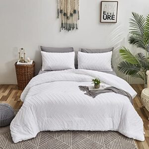 Luxlovery White Comforter Set Queen Boho Tufted Jacquard Bedding Comforter Farmhouse Shaggy Chevron Blanket Quilts Soft Breathable Farmhouse Blanket Quilts Rustic Embroidery White Bedding Set