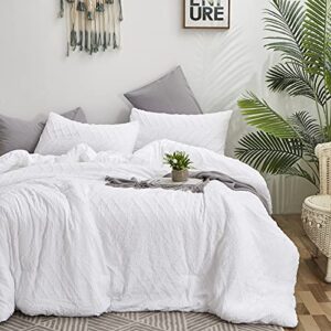 Luxlovery White Comforter Set Queen Boho Tufted Jacquard Bedding Comforter Farmhouse Shaggy Chevron Blanket Quilts Soft Breathable Farmhouse Blanket Quilts Rustic Embroidery White Bedding Set