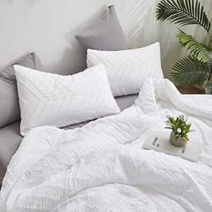 Luxlovery White Comforter Set Queen Boho Tufted Jacquard Bedding Comforter Farmhouse Shaggy Chevron Blanket Quilts Soft Breathable Farmhouse Blanket Quilts Rustic Embroidery White Bedding Set