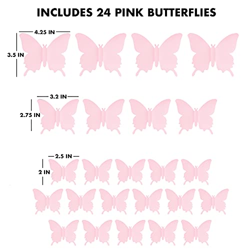 Cute Pink Butterfly Wall Decor 24 pcs, Girls Room Wall Decals, Danish Pastel Aesthetic Butterflies Stickers for Nursery Decorations, Baby Toddler Room Decor for Girls