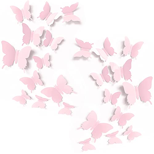 Cute Pink Butterfly Wall Decor 24 pcs, Girls Room Wall Decals, Danish Pastel Aesthetic Butterflies Stickers for Nursery Decorations, Baby Toddler Room Decor for Girls