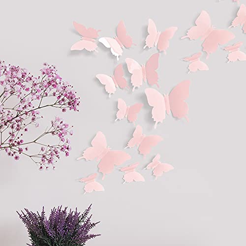 Cute Pink Butterfly Wall Decor 24 pcs, Girls Room Wall Decals, Danish Pastel Aesthetic Butterflies Stickers for Nursery Decorations, Baby Toddler Room Decor for Girls