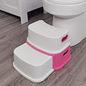 2 step stool for kids, skyroku toddler stool for potty training,bathroom, kitchen, toilet stools with soft anti-slip grips for safety dual height & wide two step (1 pack pink)