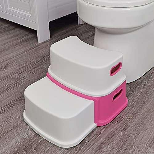 2 Step Stool for Kids, SKYROKU Toddler Stool for Potty Training,Bathroom, Kitchen, Toilet Stools with Soft Anti-Slip Grips for Safety Dual Height & Wide Two Step (1 Pack Pink)