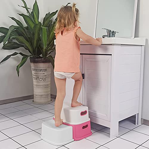 2 Step Stool for Kids, SKYROKU Toddler Stool for Potty Training,Bathroom, Kitchen, Toilet Stools with Soft Anti-Slip Grips for Safety Dual Height & Wide Two Step (1 Pack Pink)