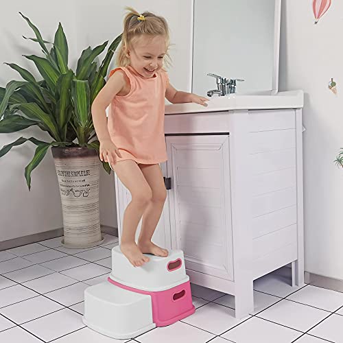 2 Step Stool for Kids, SKYROKU Toddler Stool for Potty Training,Bathroom, Kitchen, Toilet Stools with Soft Anti-Slip Grips for Safety Dual Height & Wide Two Step (1 Pack Pink)