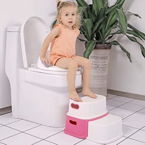 2 Step Stool for Kids, SKYROKU Toddler Stool for Potty Training,Bathroom, Kitchen, Toilet Stools with Soft Anti-Slip Grips for Safety Dual Height & Wide Two Step (1 Pack Pink)