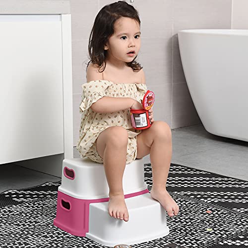 2 Step Stool for Kids, SKYROKU Toddler Stool for Potty Training,Bathroom, Kitchen, Toilet Stools with Soft Anti-Slip Grips for Safety Dual Height & Wide Two Step (1 Pack Pink)