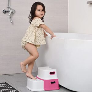 2 Step Stool for Kids, SKYROKU Toddler Stool for Potty Training,Bathroom, Kitchen, Toilet Stools with Soft Anti-Slip Grips for Safety Dual Height & Wide Two Step (1 Pack Pink)