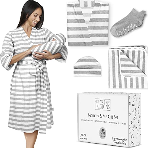 Ocean Drop 100% Cotton Mommy and Me Robe and Swaddle Set - Maternity Robe for Hospital - Delivery Gown for Hospital Maternity 4pc Set (Robe, Socks, Baby Swaddle Blanket, Baby Hat & Gift Box)