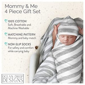 Ocean Drop 100% Cotton Mommy and Me Robe and Swaddle Set - Maternity Robe for Hospital - Delivery Gown for Hospital Maternity 4pc Set (Robe, Socks, Baby Swaddle Blanket, Baby Hat & Gift Box)