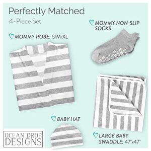 Ocean Drop 100% Cotton Mommy and Me Robe and Swaddle Set - Maternity Robe for Hospital - Delivery Gown for Hospital Maternity 4pc Set (Robe, Socks, Baby Swaddle Blanket, Baby Hat & Gift Box)