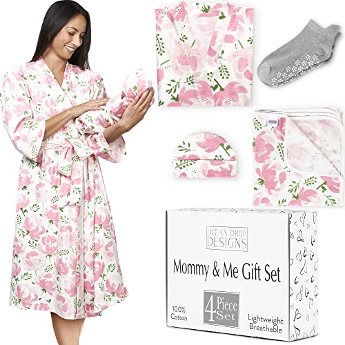 Ocean Drop 100% Cotton Mommy and Me Robe and Swaddle Set - Maternity Robe for Hospital - Delivery Gown for Hospital Maternity 4pc Set (Robe, Socks, Baby Swaddle Blanket, Baby Hat & Gift Box)