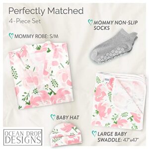 Ocean Drop 100% Cotton Mommy and Me Robe and Swaddle Set - Maternity Robe for Hospital - Delivery Gown for Hospital Maternity 4pc Set (Robe, Socks, Baby Swaddle Blanket, Baby Hat & Gift Box)