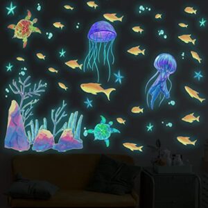 glow in the dark sea wall decals, esluker.ly ocean theme fluorescent stickers luminous fish turtle jellyfish wall decor underwater sea world wall art for kids bedroom nursery decoration (coral)