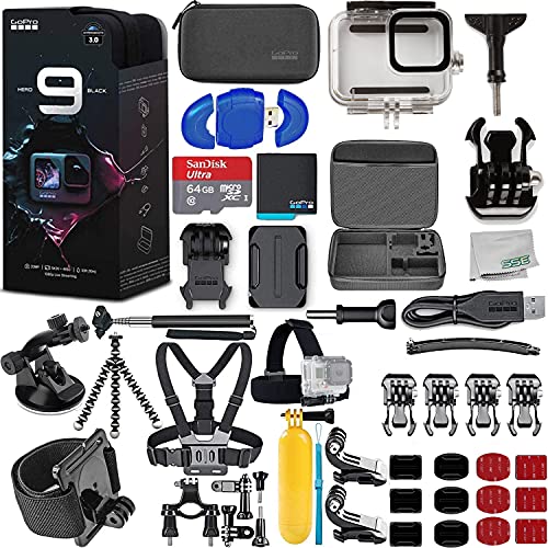 GoPro HERO9 (Hero 9) Black with Deluxe Accessory Bundle - Includes: SanDisk Ultra 64GB MicroSDHC Memory Card, Premium Hard Case for GoPro, Underwater Housing, Helmet Arm Extension Kit & Much More