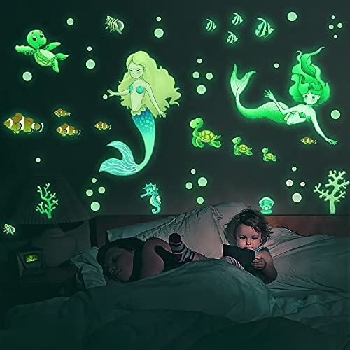 MESU Glow in The Dark Mermaid Wall Decals Sea Turtle Luminous Sticker Seahorse Ceiling Decor for Girls Room Nursery Mermaid