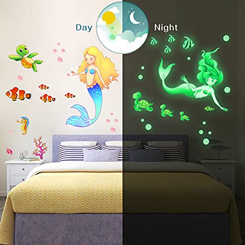 MESU Glow in The Dark Mermaid Wall Decals Sea Turtle Luminous Sticker Seahorse Ceiling Decor for Girls Room Nursery Mermaid