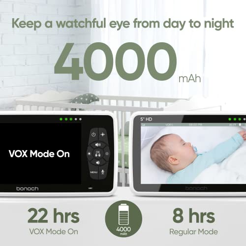 bonoch Baby Monitor with Camera and Audio, 5" 720P HD Video Baby Monitor No WiFi, Hack Proof, Remote Zoom/Pan/Tilt, 4000mAh Battery, VOX Mode, Auto Night Vision, 8 Lullabies