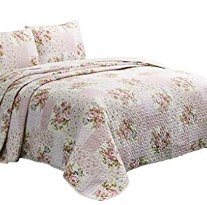 Chezmoi Collection Rosy 3-Piece Printed Patchwork Cotton Quilt Set - Pink Flower Floral Striped Polka Dots - Stone Washed Lightweight Bedspread, Queen Size