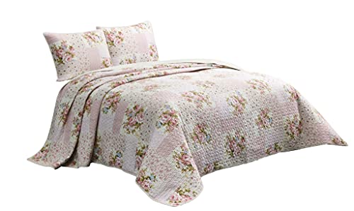 Chezmoi Collection Rosy 3-Piece Printed Patchwork Cotton Quilt Set - Pink Flower Floral Striped Polka Dots - Stone Washed Lightweight Bedspread, Queen Size