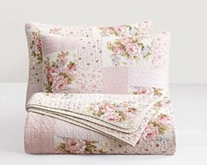 chezmoi collection rosy 3-piece printed patchwork cotton quilt set - pink flower floral striped polka dots - stone washed lightweight bedspread, queen size