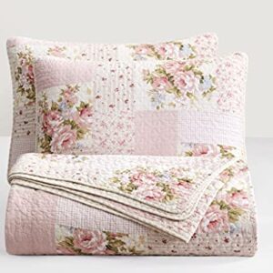 Chezmoi Collection Rosy 3-Piece Printed Patchwork Cotton Quilt Set - Pink Flower Floral Striped Polka Dots - Stone Washed Lightweight Bedspread, Queen Size