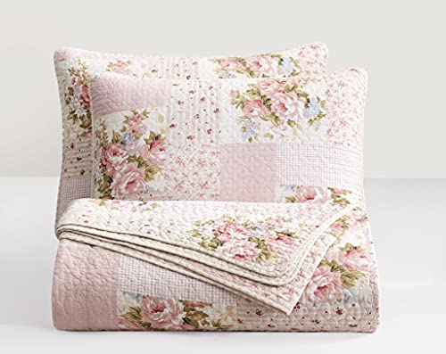 Chezmoi Collection Rosy 3-Piece Printed Patchwork Cotton Quilt Set - Pink Flower Floral Striped Polka Dots - Stone Washed Lightweight Bedspread, Queen Size